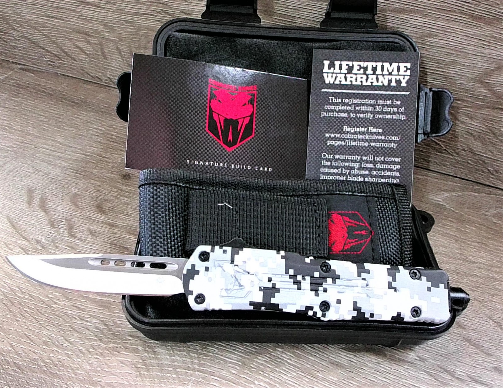 Cobratec OTF Small Winter Digital Camo Knife on www.Gun.Rodeo