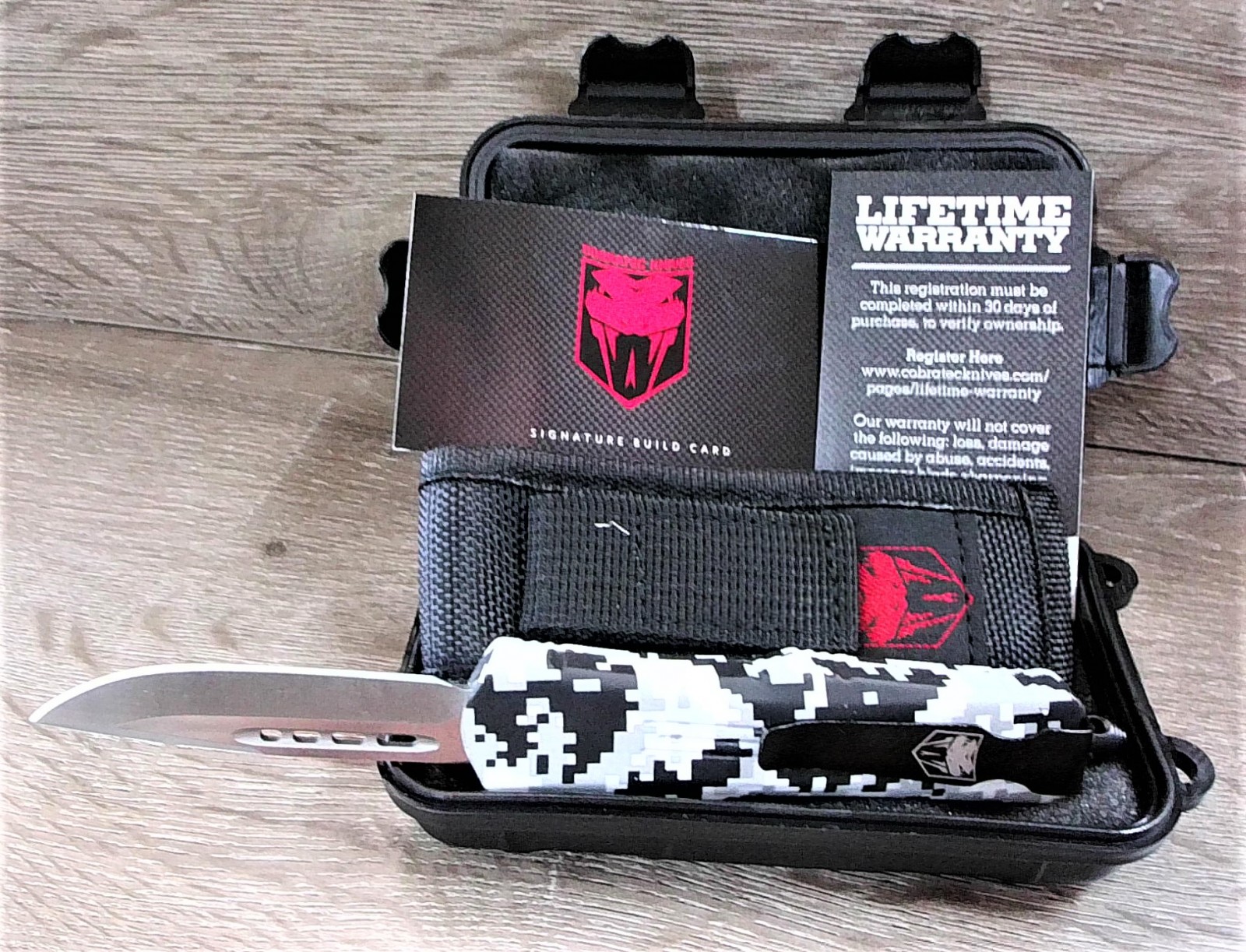 Cobratec OTF Small Winter Digital Camo Knife on www.Gun.Rodeo