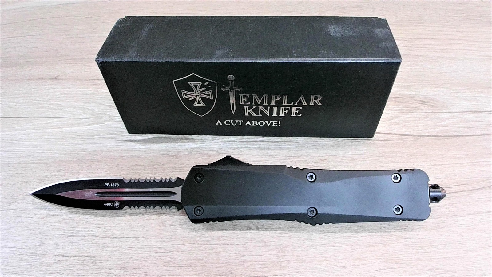 TEMPLAR KNIFE LARGE OTF BLACK RUBBERIZED HANDLE 3.5" BLADE BLACK DAGGER ...